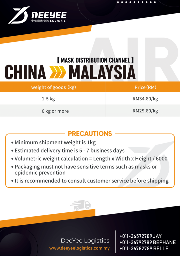 China to West Malaysia – Mask Air Freight – Deeyee
